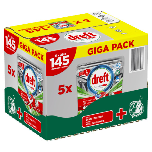 Dreft Platinum Plus All In One Vaatwascapsules Cool Blue, 145 Capsules