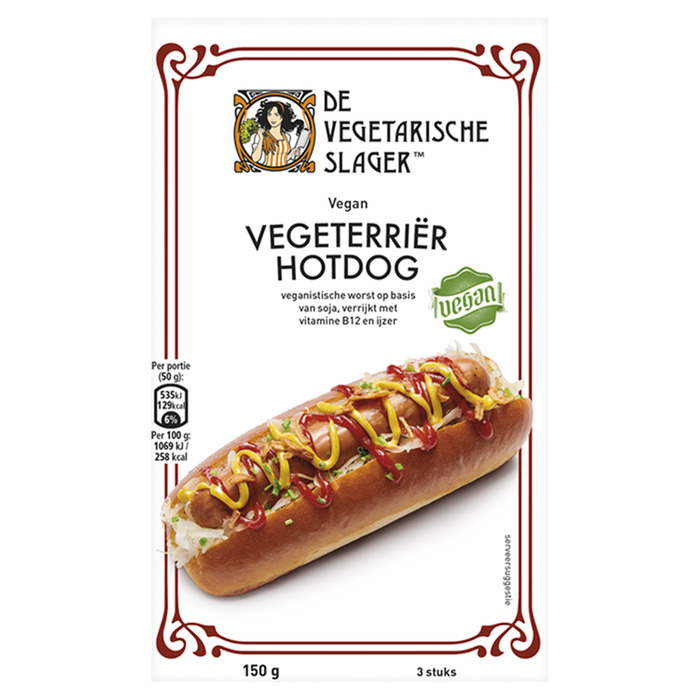 De Vegetarische Slager Veganistische Worst Hotdog 150 g Doos (150g)