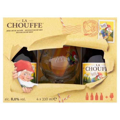 La Chouffe Belgisch Blond Bier Flessen 4 x 330 ml + Glas (4 × 33cl)